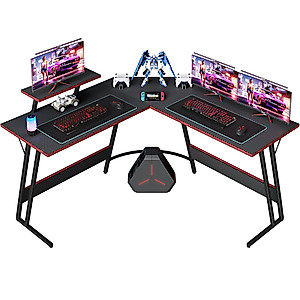 Shahoo L Shaped Gaming Desk, 51 Inch Computer Corner Table with Large Monitor Stand & Carbon Fiber Surface for Home Office Study Writing Workstation, Black, Black1