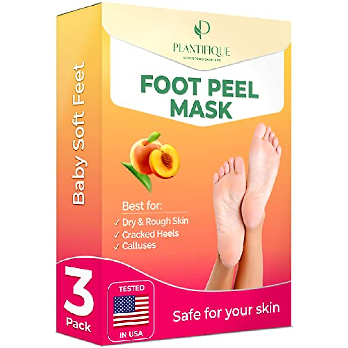 PLANTIFIQUE Foot Peel Mask with Peach 3 Pack Peeling Foot Mask Dermatologically Tested - Repairs Heels & Removes Dry Dead Skin for Baby Soft Feet - Exfoliating Foot Peel Mask for Dry Cracked Feet