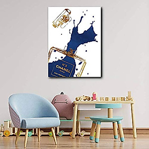 Home Decor Canvas Wall Art-HD Prints On Premium Canvas，Framed for Bedroom Bathroom Living Room Home Office Decor-Gold Perfume Bottle with Navy Blue Splash