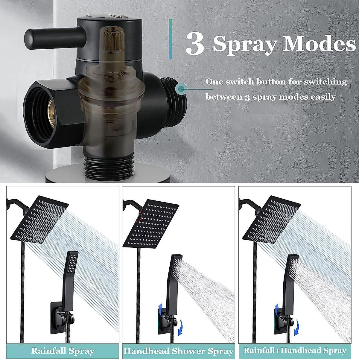 Rain Shower Head with Handheld Spray, 6'' Matte Black Shower Head with 78'' hose, High Pressure Hand Head Shower Heads, Anti-leak Rainfall Shower Head with Holder(Square, All Metal)