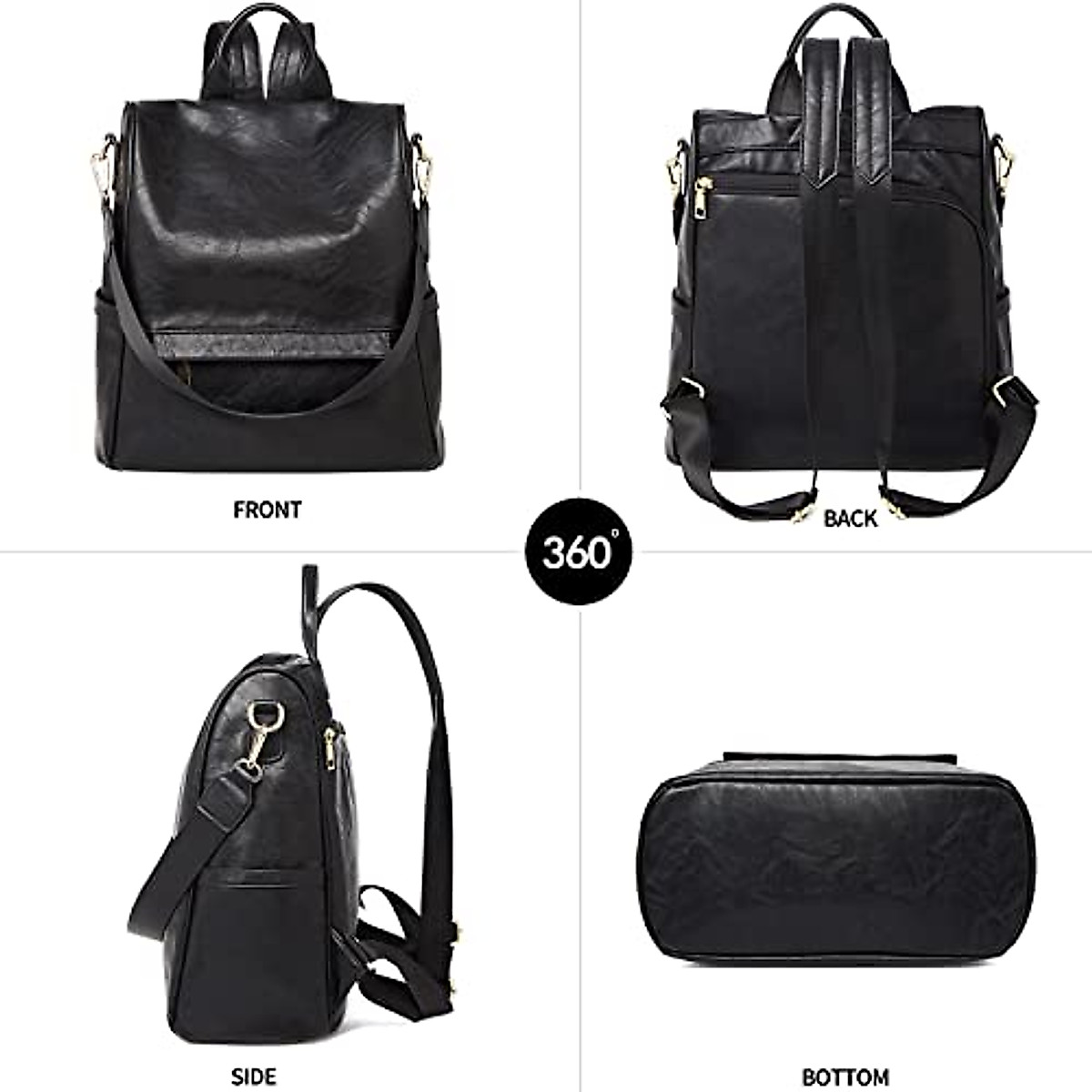 FOXLOVER Backpack Purse for Women Fashion Convertible Leather Shoulder Handbag Ladies Travel Bag Satchel Rucksack (Black)