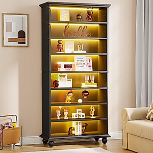 Tribesigns 69-Inch Tall Bookcase with LED Lighting, Modern 9-Tier Freestanding Bookshelf with Solid Wood Legs, Wooden Open Display Shelf Organizer for Living Room, Home Office (1, Black)