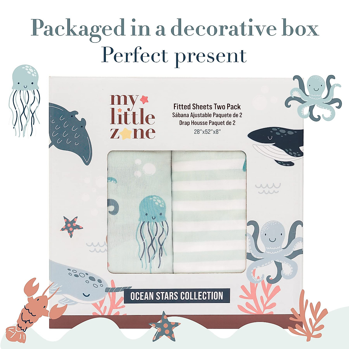 100% Cotton Crib Sheets for Baby Boys and Girls, Ocean Crib Sheets - Ocean Stars, Teal-White, 2 Pack Nautical Crib Sheets, Ocean Nursery Decor