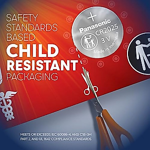 Panasonic CR2025 3.0 Volt Long Lasting Lithium Coin Cell Batteries in Child Resistant, Standards Based Packaging, 4 Pack