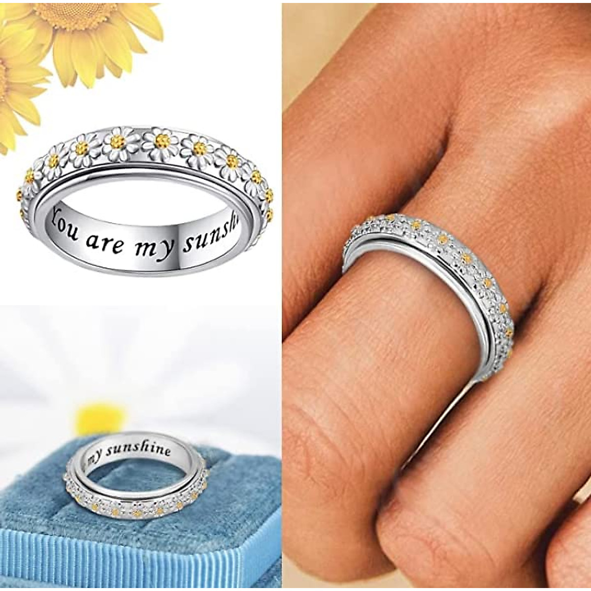 Daisy Rotating Ring Double Color Women Fashion Trend Flower Full Diamond Zircon Ring Ladies Jewelry Diamond Rings for Women