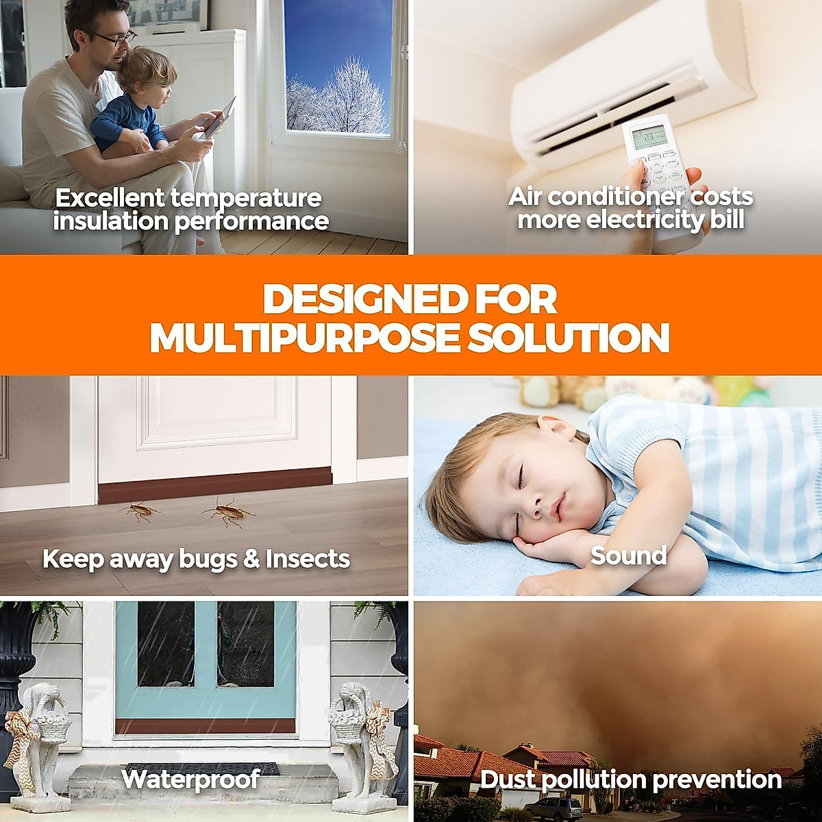 Holikme Door Draft Stopper Under Door Draft Blocker Insulator Door Sweep Weather Stripping Noise Stopper Strong Adhesive Door Stops of Rubber Brown