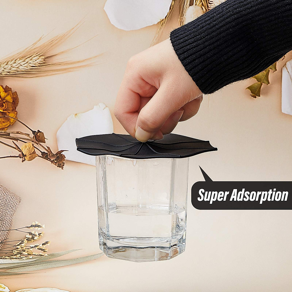 6 Pieces Silicone Cup Lids Umbrella Mug Cup Lid Covers Anti-Dust Silicone Glass Cup Covers Coffee Cup Suction Seal Lid Caps to Keep Drink Warm or Cold (Black)