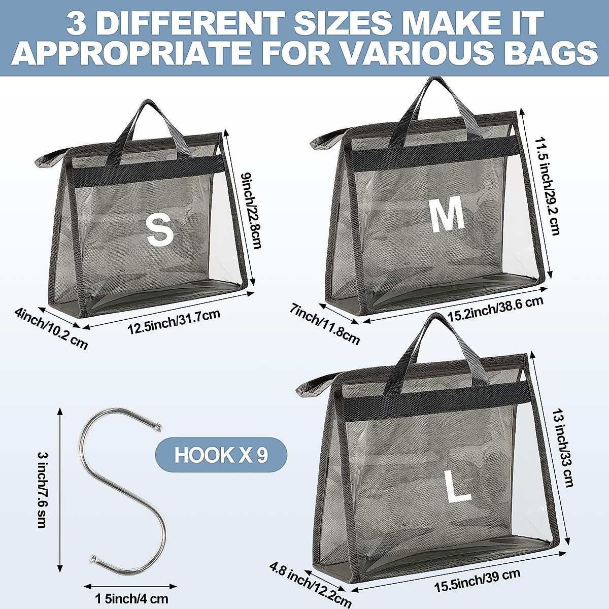 Bgtecho 9 Pieces Storage Organizer for Handbags,3 Sizes Dust Bags for Handbag Storage,Clear Handbag Storage Bag with Zipper and Handles,Dustproof & Moistureproof (Gray)