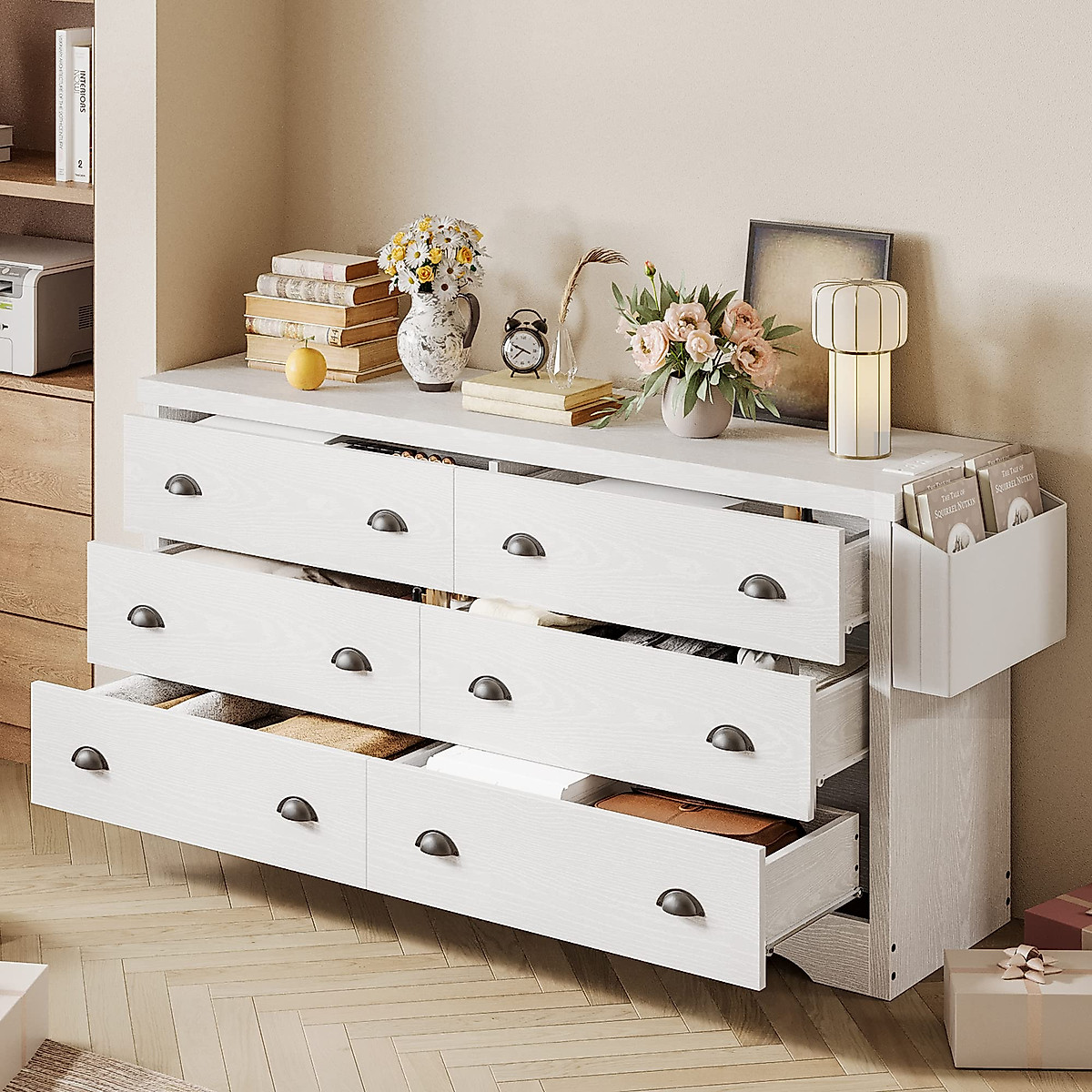 LIKIMIO Dresser for Bedroom 6 Drawer with Charging Station, TV Stand Storage Chest of Drawers for Living Room Hallway Entryway, MDF Board, White