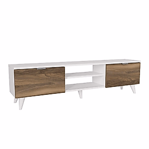 DORPEK Tealo Tv Stand White - Walnut, Tv Cabinet for TVs up to 65", Tv Bench with 2 Drawers and 2 Open Shelves, Tv Storage Unit for Living Room and Bedroom