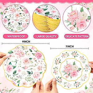 Pickmesh 60 Pack Floral Paper Plates 9 in and 7 in Flower Party Plates Pink Disposable Dessert Plates Wedding Plates Gold Foil Edge Tea Party Plates for Birthday Baby Shower Bridal Party Decor