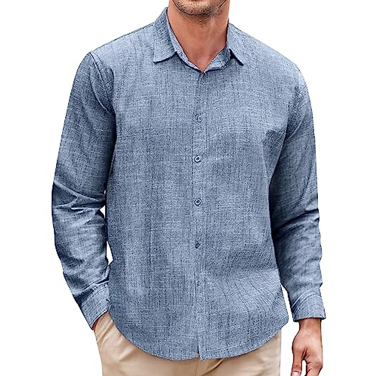 COOFANDY Men's Cotton Linen Long Sleeve Shirt Untuckit Business Button Down Shirts Dark Blue