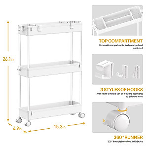 SPACELEAD Slim Storage Cart,3 Tier Bathroom Rolling Utility Cart Storage Organizer Slide Out Cart, Mobile Shelving Unit Organizer trolley for Office Bathroom Kitchen Laundry Room Narrow Places, White