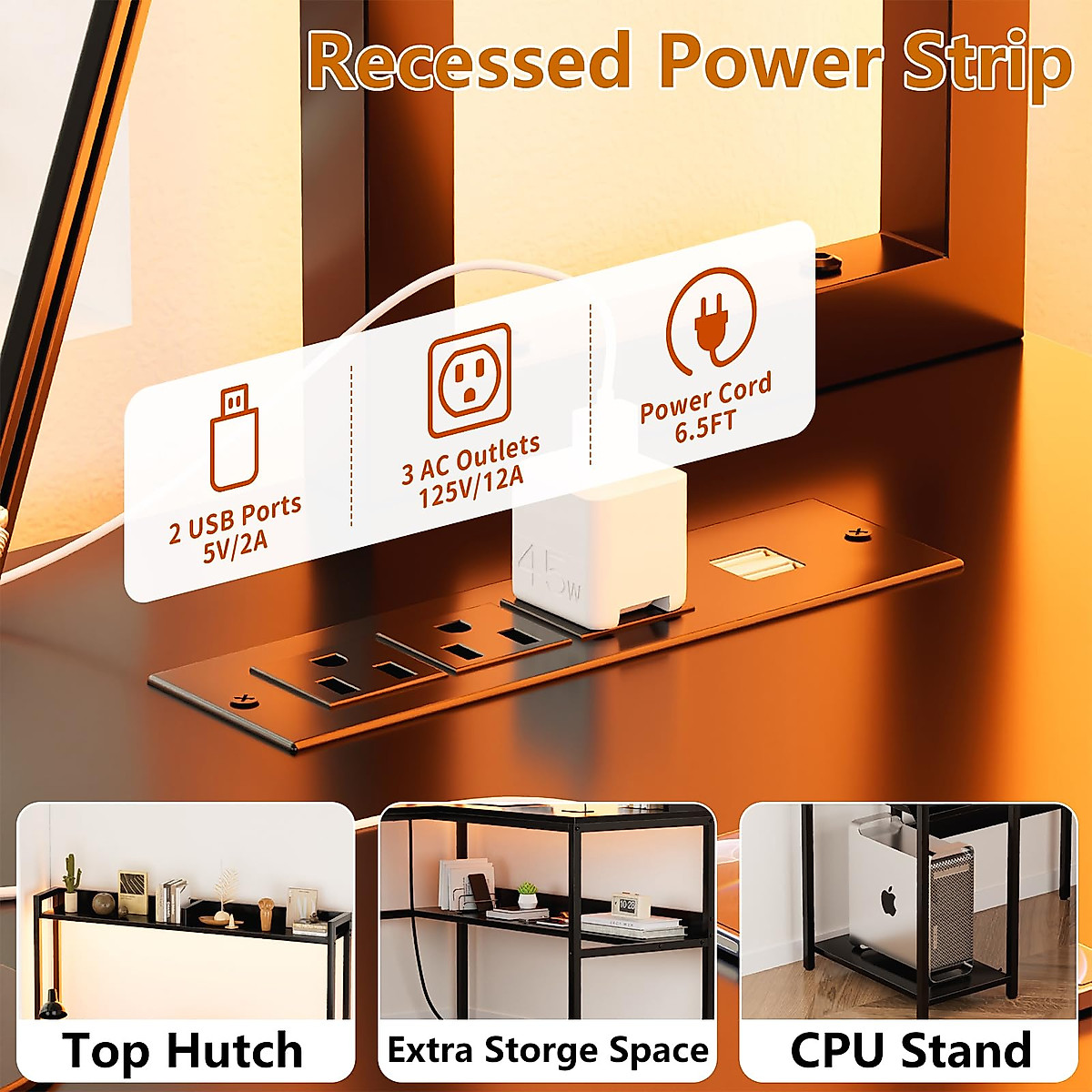 Hyomdeck L Shaped Computer Desk with Hutch and Storage Shelves, Gaming Desk with LED Lights, Reversible L-Shaped Desk with Power Outlets, Home Office Desk, Corner Desk, Black