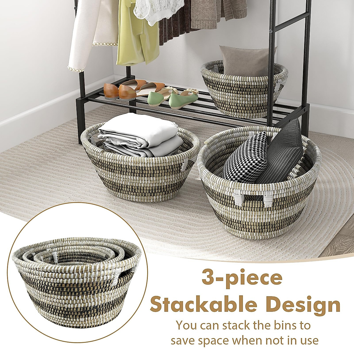 Giantex Woven Laundry Basket 24"/20"/16"- Set of 3 Stackable Storage Baskets with Handles, Large Oval Kans Grass Woven Baskets Laundry Hamper for Throw Blanket Clothes Living Room Bedroom