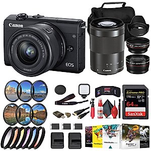 Canon EOS M200 Mirrorless Camera with 15-45mm and 55-200mm Lenses (Black) (3699C009) + Filter Kit + 2 x 64GB Card + Charger + 2 x LPE12 Battery + Card Reader + More (Renewed)