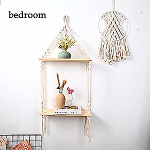 levylisa Macrame Wall Hanging Shelf 2 Tier Boho Shelves Organizer Hanger Floating Shelve for Kitchen, Bathroom, Home Storage, Floating Indoor Plant Wall Shelf