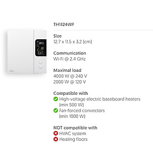 Sinopé Smart Wi-Fi Thermostat for Electric Baseboard Heating TH1124WF (Works with Amazon Alexa and Apple HomeKit) 4000 W / 240 V