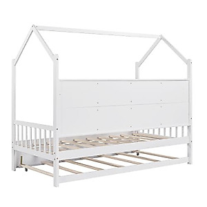 Wood Twin Bed w/ Trundle, Open Shelf & Roof for Boys Girls, House Bed w/ Trundle Bookcase & Wood Support Slats, No Box Spring Needed, Boys Girls Twin House Bed w/ Shelf Bookcase for 2 Kids Bedroom