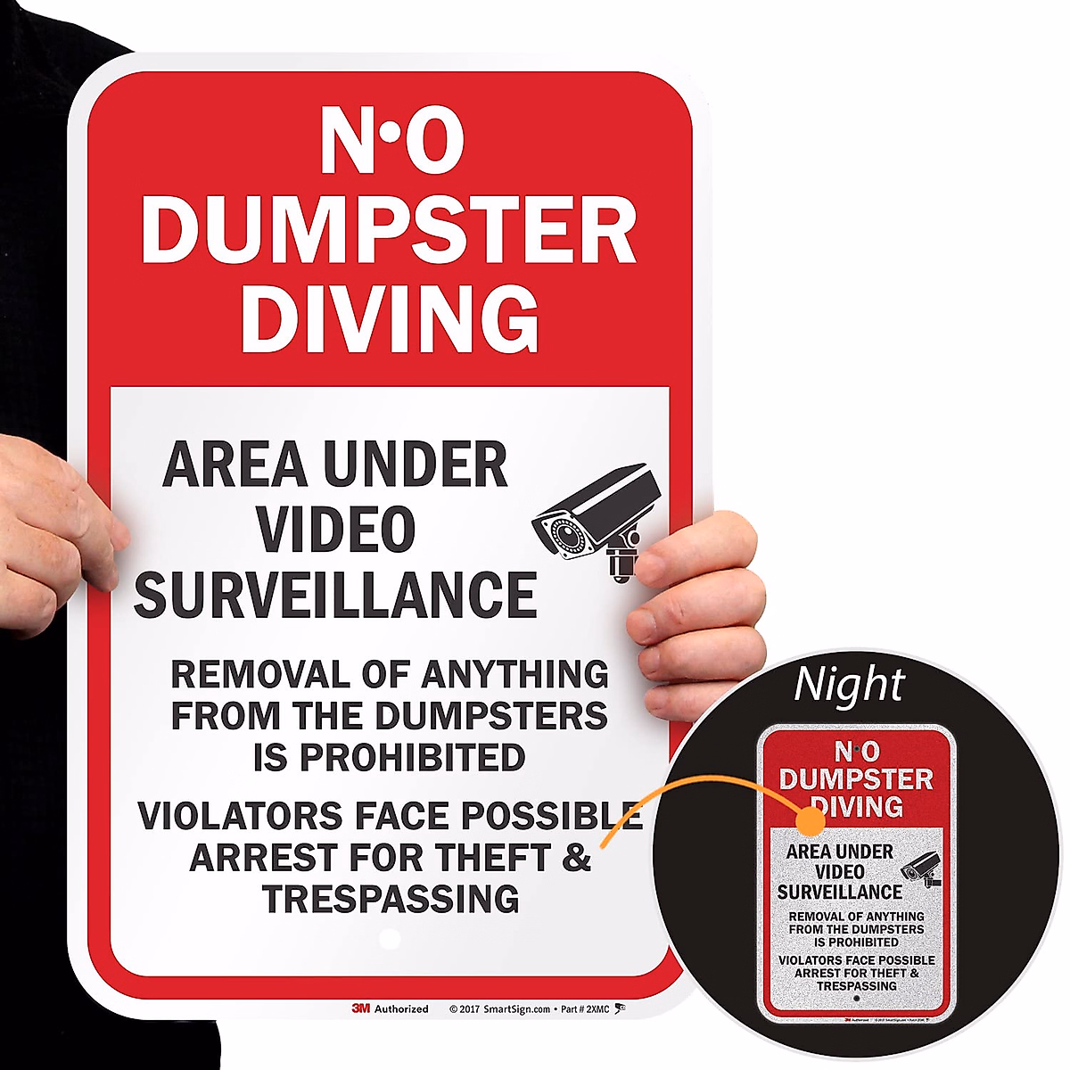 SmartSign 18 x 12 inch “No Dumpster Diving - Area Under Video Surveillance” Sign, 63 mil Aluminum, 3M Laminated Engineer Grade Reflective Material, Red, White and Black, Made in USA