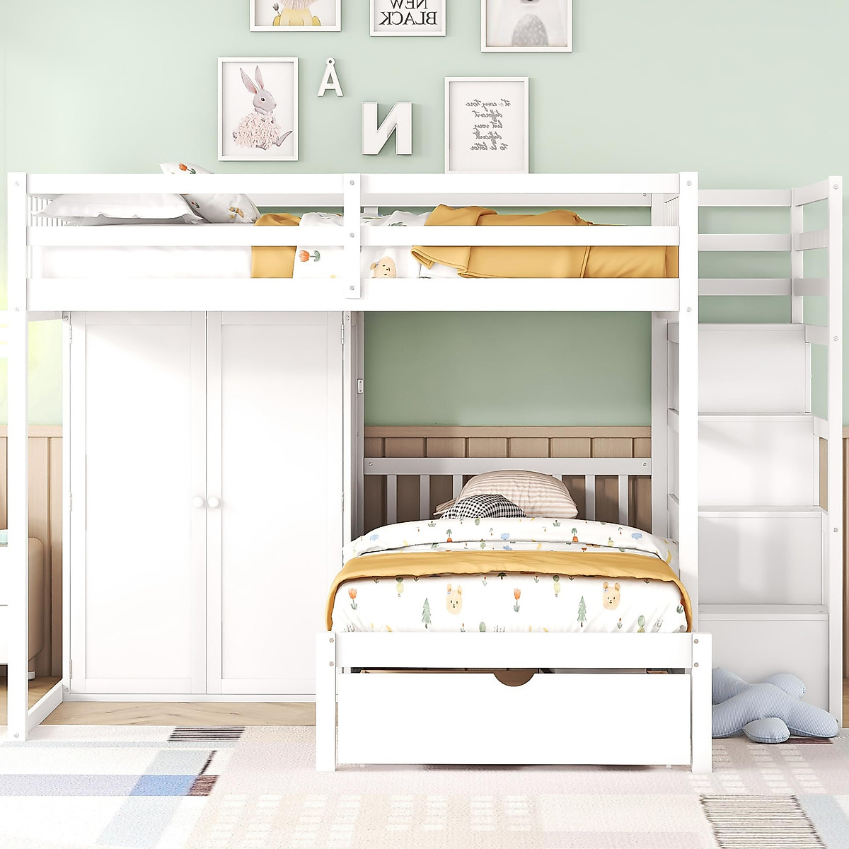 Harper & Bright Designs Full Over Twin Bunk Bed with Stairs & Wardrobe, Wood Bunk Bed with Storage Drawers, Kids Bunk Bed Full Over Twin Size for Bedroom,No Box Spring Needed(White)