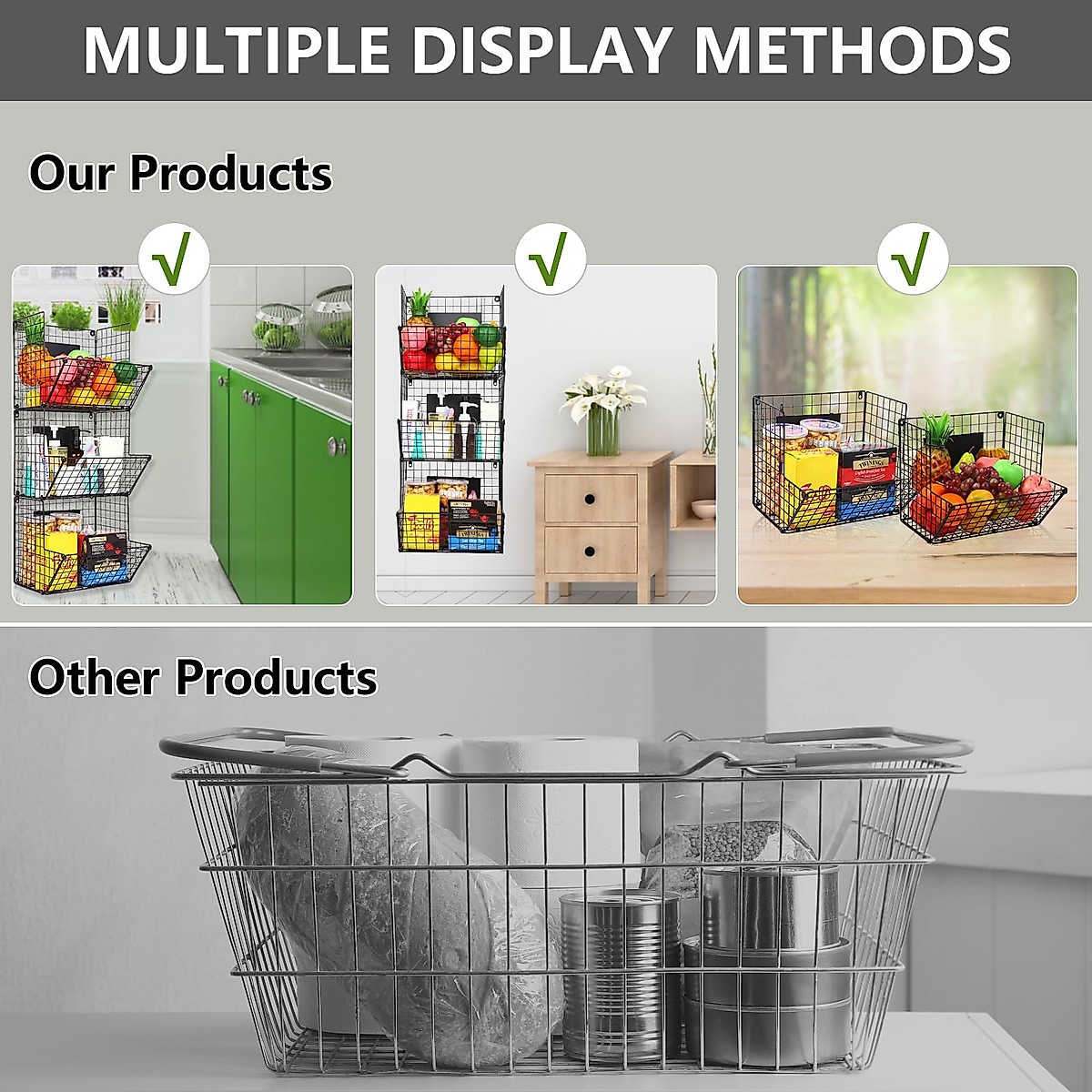 HRAYLTOP 3 Tier Wall Mounted Metal Wire Fruit Storage Basket, Hanging Kitchen Fruit Produce Storage Bins Organizer with S-Hooks and Adjustable Chalkboards, Multipurpose Bathroom Rack/Stand(Black)