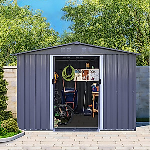 Outdoor Storage Shed 8 x 6 FT Lockable Metal Garden Shed Steel Anti-Corrosion Tool Shed Storage House with Sliding Door & Air Vent for Backyard Patio Lawn (Dark Grey)