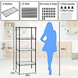 YRLLENSDAN Adjustable Height Wire Shelving with Shelf Liners, 4 Tier Metal Storage Shelves 600lbs Loading Capacity Shelving Units and Storage for Kitchen and Closet (18W x 12D x 44H), Black