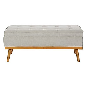 OSP Home Furnishings Katheryn Storage Bench with Tufted Seat and Wood Finish Legs, Grey Fabric