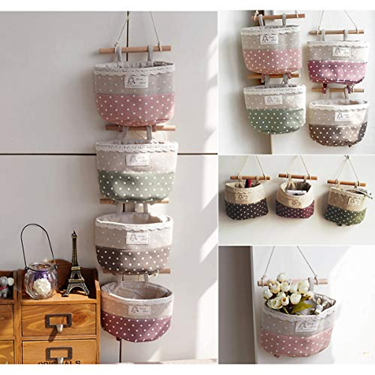 DOITOOL 4Pcs Cotton Linen Hanging Storage Basket Organizer, Washable Over The Door Hanging Storage Bag with Woven Cotton Rope Handle, Waterproof Fabric Hanging Pocket for Organizing, Free
