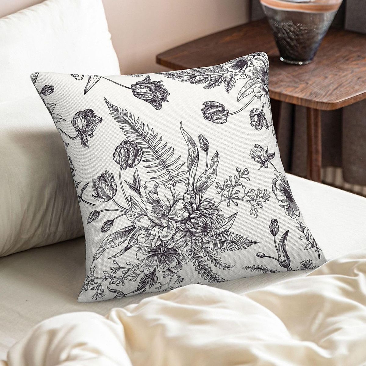 ChangQingArt Floral Pattern Bouquets of Spring Flowers Black and White Cotton Linen Square Throw Waist Pillow Case Decorative Cushion Cover Pillowcase Sofa 20"x 20"