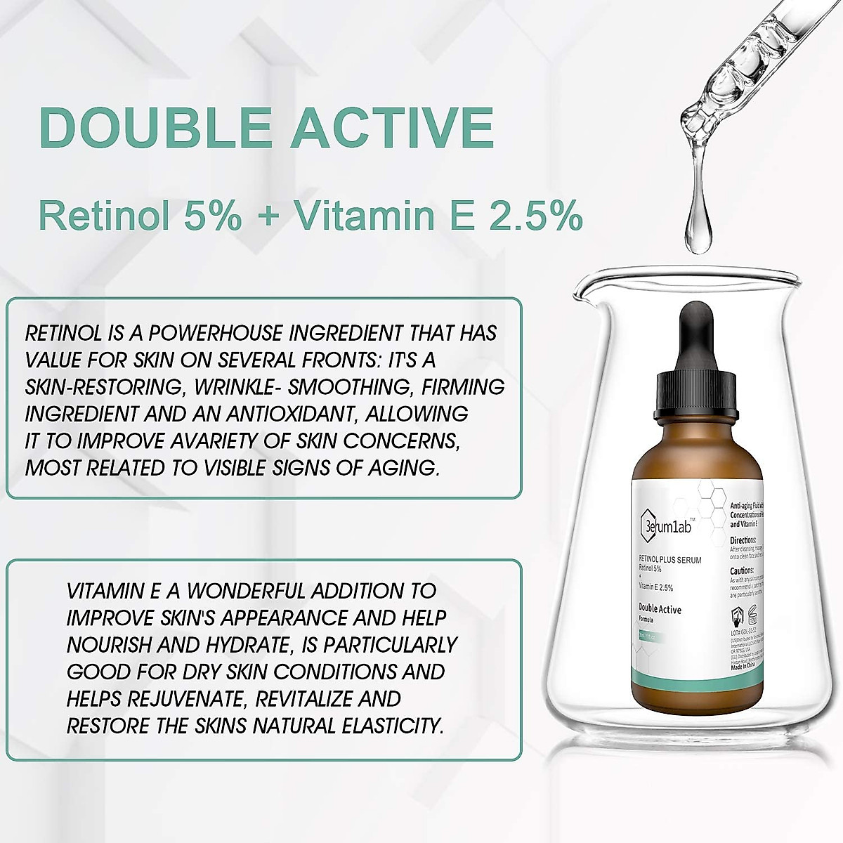 Retinol Serum High Strength for Face and Skin, Unique Double Active Ingredients of 5% Retinol & 2.5% Vitamin E, Outstanding Synthetic Effect to Reduce Wrinkle, and Dark Circle (1 PACK)