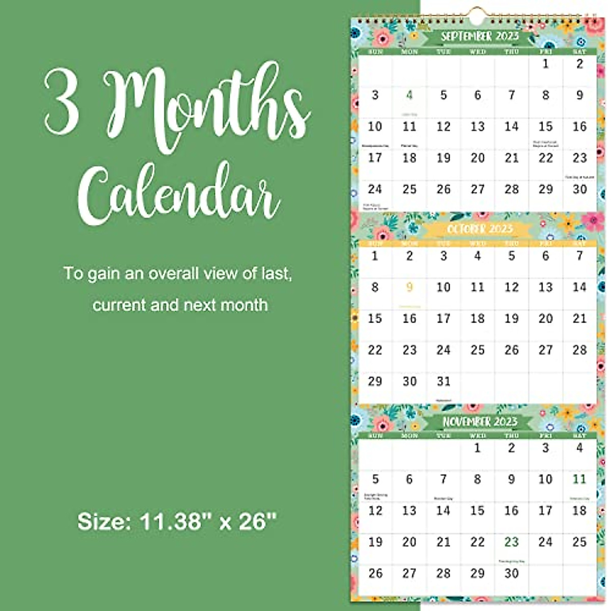 Calendar 2023-2024 - 3 Month Display Wall Calendar (Folded in one Month), 11.3" x 26" (when opened), Jul 2023 - Jun 2024, Vertical Calendar with Thick Paper, For Daily Organizing & Planning