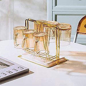 YISMAN Metal Cup Drying Rack with 6 Hooks, Bottle Drying Rack with Drain Tray,Coffee Mug Holder,Mug Organizer Golden