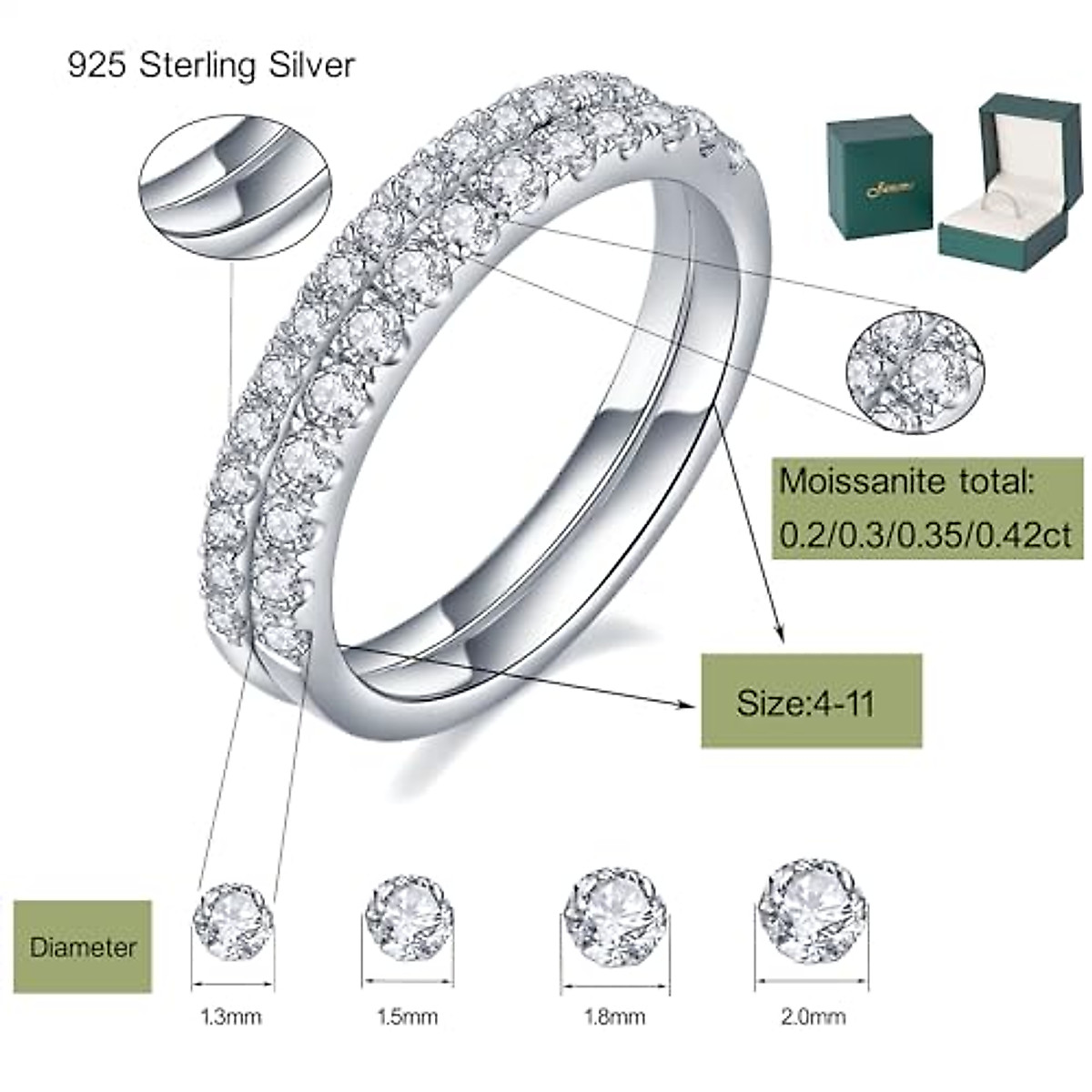 YODEWA Moissanite Wedding Band, Moissanite Rings for Women Half Eternity 925 Sterling Silver Stackable Round Thin 0.3ct Lab Created Diamond Size 5