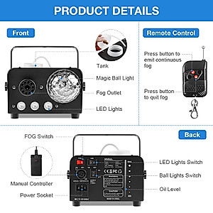 MOSFiATA Fog Machine with Disco Ball Lights 600W Smoke Machine with RGB LED lights, 2300 CFM Spray, Remote Control, Perfect for Halloween, Christmas, Wedding, Party, Club, DJ Stage Effect