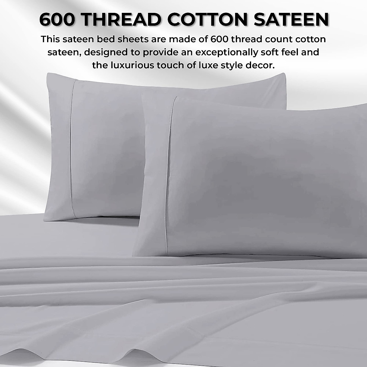 Tribeca Living Bed Sheet Set, Soft Egyptian Cotton Sateen Solid Sheets and Pillowcase Set, Deep Pocket, 600 Thread Count, 6-Piece Luxury Bedding, Queen, Silver Grey