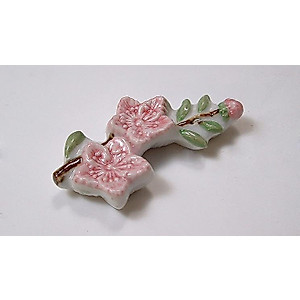 Kyo-yaki. Set of 5 Japanese chopstick spoon rest flower of peach. Paper box. Porcelain.