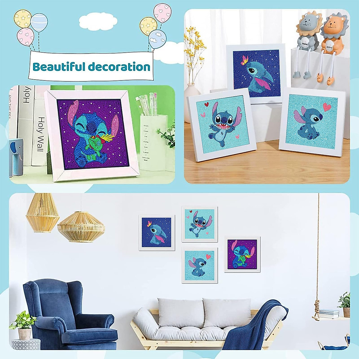 pvoodire 4 Pack Diamond Art Kits for Kids-Diamond Art Kits for Kids,Diamond Art for Kids,Childern Beginners 6x6inch