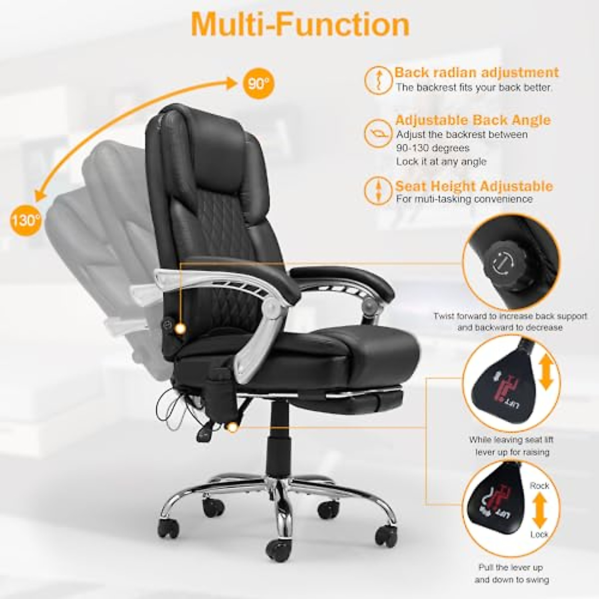 HOMREST Executive Office Chair, Ergonomic Office Chair with Adjustable Lumbar Back Support,Big and Tall Office Chair with Massage and Heat,Home Office Desk Chair,Black