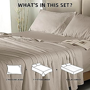 SONORO KATE 100% French Pure Linen Sheets, Breathable and Durable Line King Size Sheets, Anti-Tear Line Bed Sheets, Machine Washable, 16 Inch Deep Pocket - 4 Piece (Natural Linen, King)