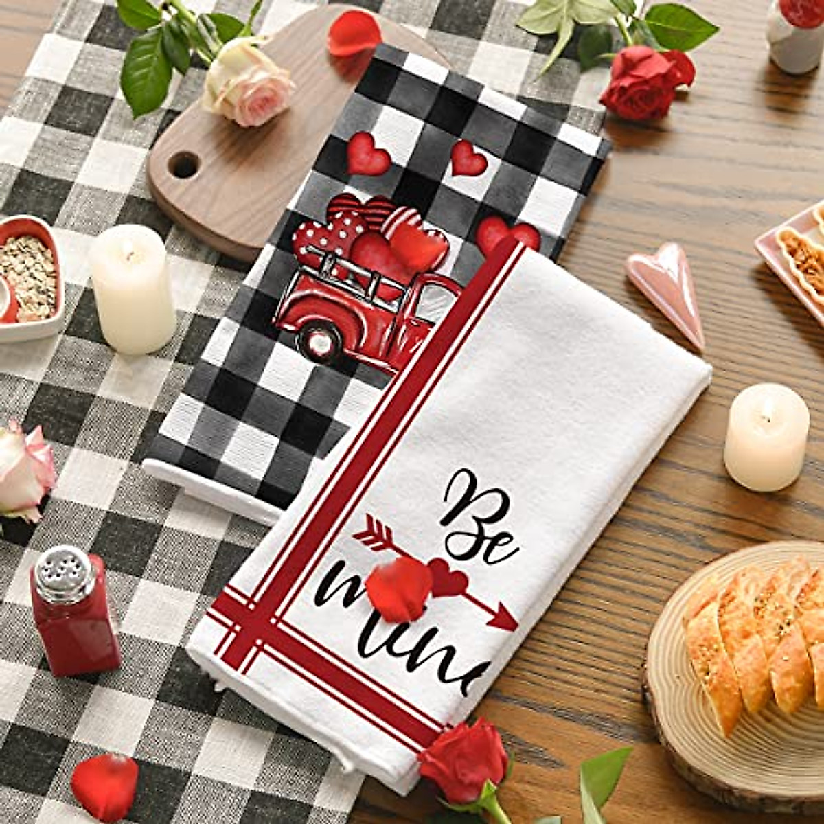 Artoid Mode Buffalo Plaid Gnomes Truck Hello Valentine Kitchen Towels Dish Towels, 18x26 Inch Seasonal Valentine's Day Decoration Hand Towels Set of 4