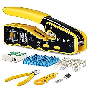 Solsop Network Cable Tester RJ45 Crimp Tool Pass Through Cat5 Cat5e Cat6 Crimping Tool Kit, 50PCS Pass Through Connectors, Mini Wire Stripper, Wire Cutter plier