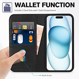 TUCCH Case Wallet Compatible with iPhone 15 Plus, Kickstand Flip Folio [RFID Blocking] [3 Card Slot] PU Leather Cover [Protective TPU Interior Case] for iPhone 15 Plus 6.7 Inch, Classic Black