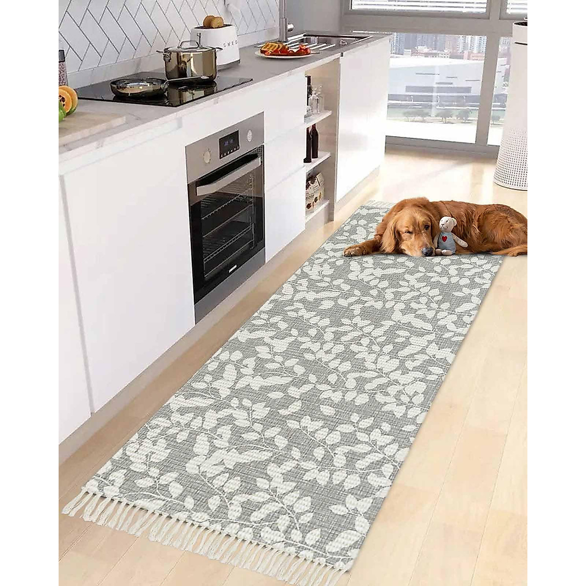Grey White Botanical Kitchen Runner Rug 2'x4', Washable Woven Cotton Area Rug with Tassels Bathroom Hallway Rug, Pastoral Spring Floral Summer Art Entryway Bedroom Rug Non Slip Throw Rug Carpet