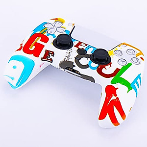 YoRHa Water Transfer Printing Silicone Thickened Cover Skin Case for PS5 Controller x 1(Colorful Paint) with Thumb Grips x 10