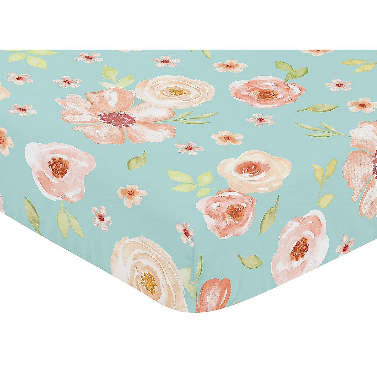 Sweet Jojo Designs Turquoise and Peach Baby or Toddler Fitted Crib Sheet for Watercolor Floral Collection - Pink Rose Flower