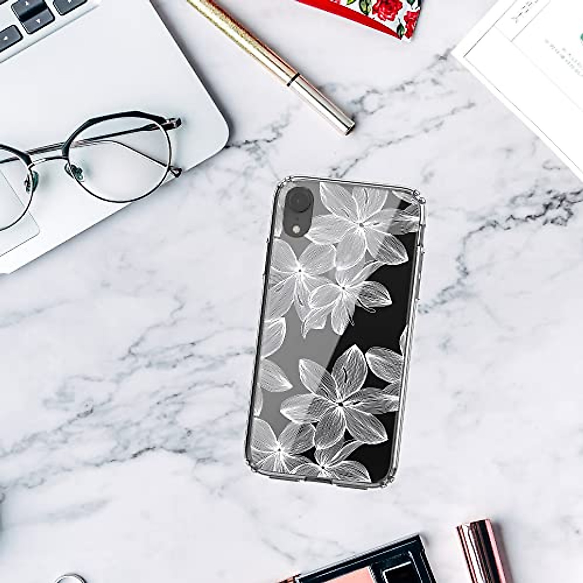 iPhone XR Case, RANZ Anti-Scratch Shockproof Series Clear Hard PC+ TPU Bumper Protective Cover Case for iPhone XR - White Flower