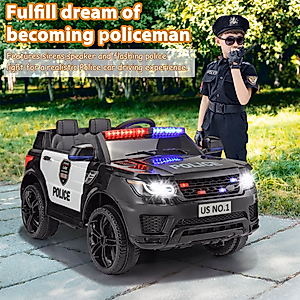 TOBBI Police Car Ride on 12V Electric Car for Kids Battery Powered Ride-on Toys Cop Cars with Remote Control, Siren, Flashing Lights, Music, Spring Suspension, Carbon Black