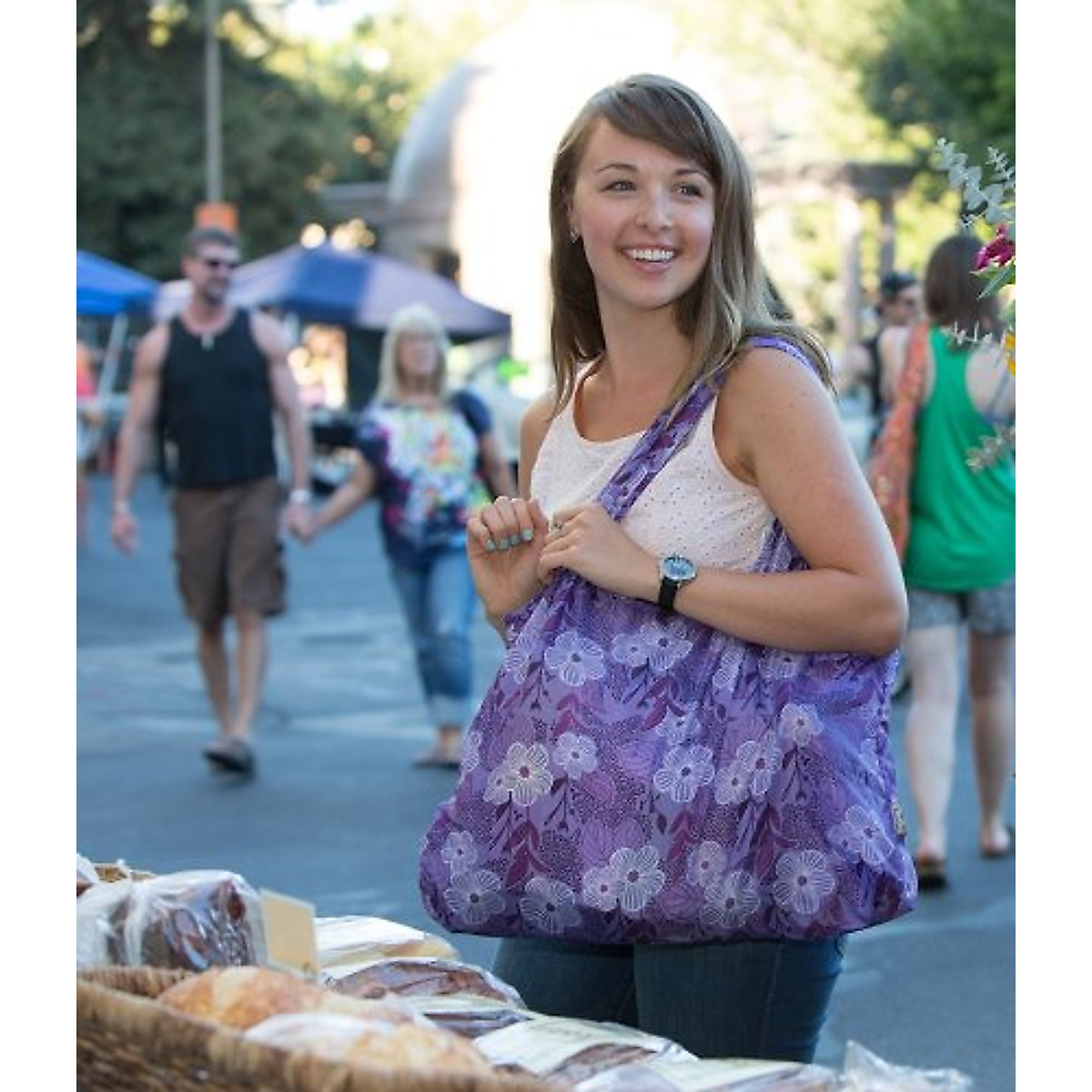 ChicoBag VITA Purple Blooms Designer Compact Reusable Shopping Tote with Attached Pouch and Carabiner Clip - Bliss